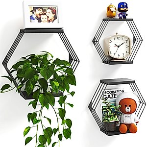 YEMNMFH Hexagon Floating Shelves for Wall Set of 3, Black Metal Wall Decor Honeycomb Shelves, Trinket Shelf, Natural Wood Decorative Floating Shelves for Bedroom, Living Room, Kitchen and Office