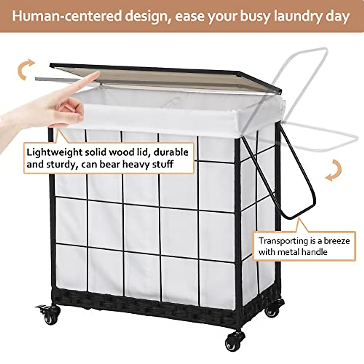Laundry Hamper with Wood Lid and Divided Liner Bag; Durable Laundry Basket with Heavy Duty Rolling Lockable Wheels; Clothes Hamper with Removable Liner Bag; Laundry Sorter with Metal Handle (White)