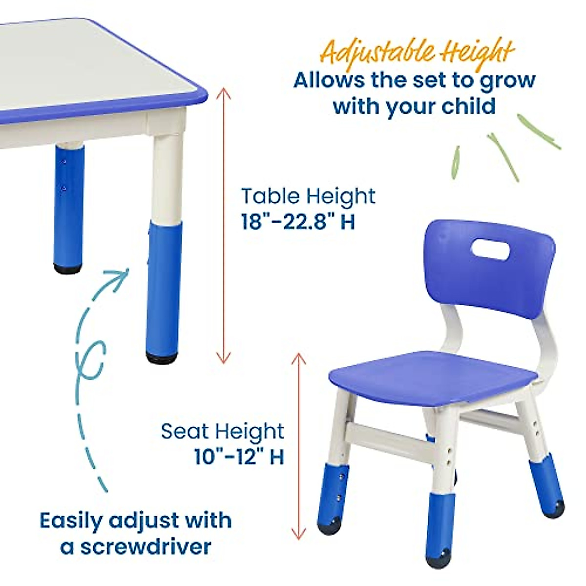 ECR4Kids Dry-Erase Square Activity Table with 2 Chairs, Adjustable, Kids Furniture, Blue, 3-Piece