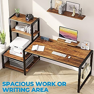 GreenForest Computer Desk 68.8 inch with Storage Printer Shelf Reversible Home Office Desk Large Study Writing Table with Movable Monitor Stand and 2 Headphone Hooks for PC Gaming Working, Walnut