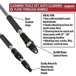 Harper 37518600 6-Piece Car Wash Brush Set with Telescoping Flow-Through Handle, (3) Brush Heads, (1) Soft Hand Brush and (1) Stiff Hand Brush