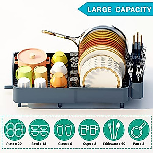 ilvvan Dish Drying Rack with Drainboard Set Length Adjustable（12.8" - 20"） Compact Dish Drainer, 1 Piece Gray