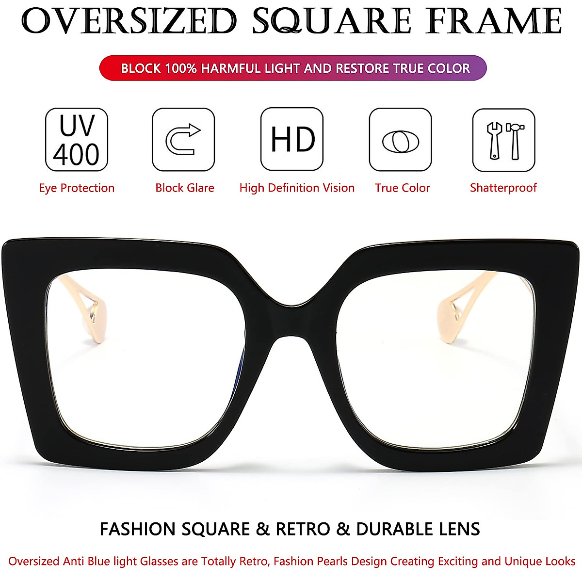 AIEYEZO Oversized Blue Light Glasses for Women, Anti Fatigue Prevent Headache Computer Eyeglasses (Black)