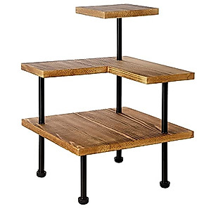MyGift 3 Tier Rustic Burnt Wood Kitchen Countertop Corner Shelf, Counter Spice and Condiment Storage Display Rack, with Black Industrial Metal Pipe Legs
