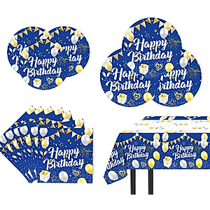 49 Pcs Navy Blue Birthday Party Tableware Set Blue Gold Birthday Party Supplies Navy Blue Plates,Napkins,Tablecloth Table Decorations for Men Women Birthday Graduation Party,Serves 16