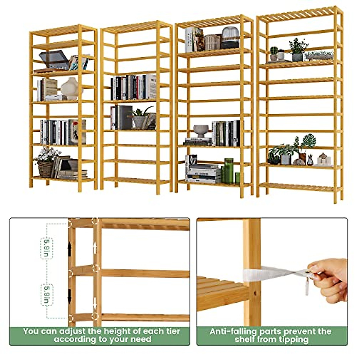 VIAGDO Bamboo Bathroom Shelf, 6-Tier Adjustable Tall Bookshelf, Multifunctional Storage Rack Freestanding Shelving Unit for Bathroom, Living Room, Bedroom, Kitchen, Laundry Room