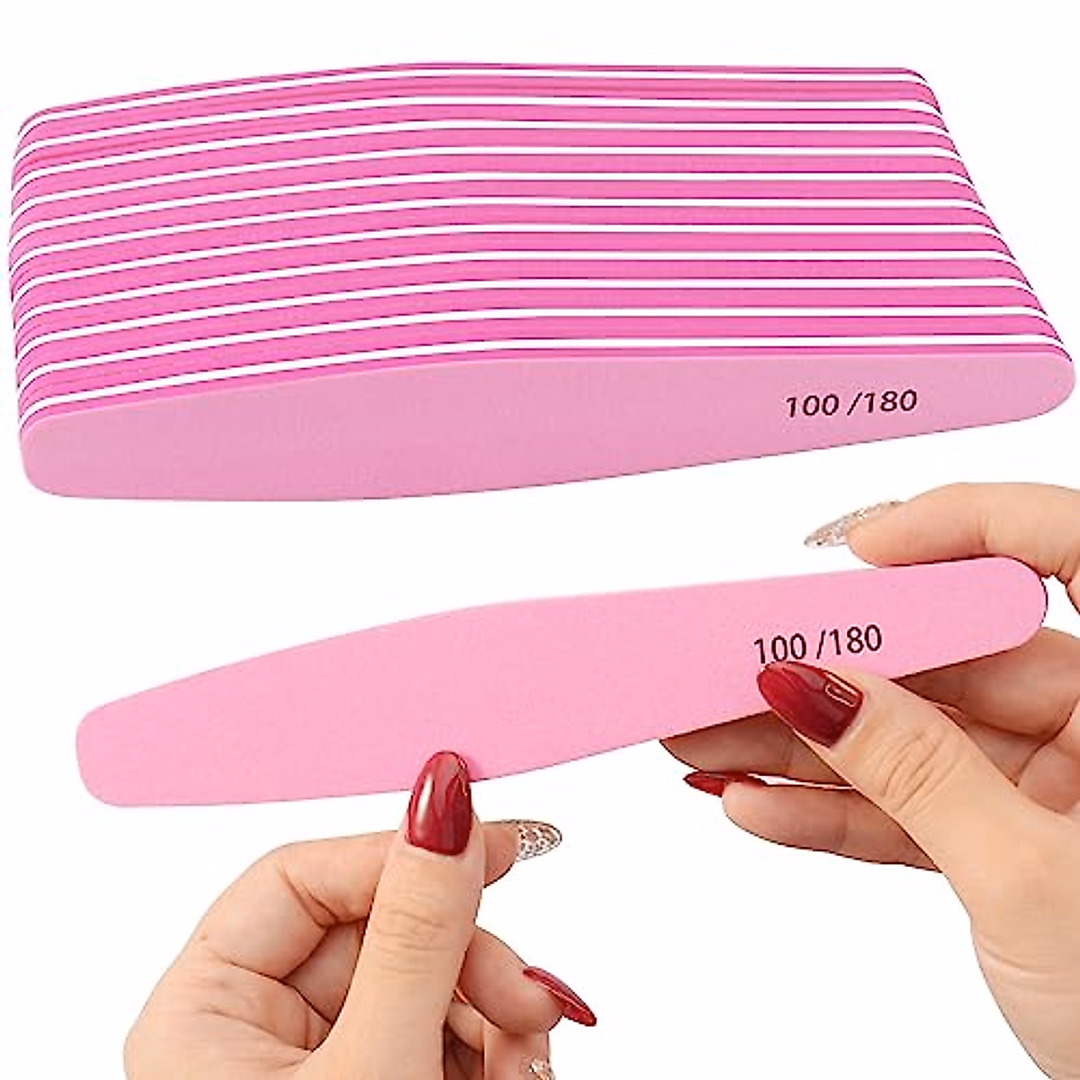 Anrui Emery Boards for Nails, 12 PCS Nail Files for Natural Nails, 100/180 Grit Double Sided Emery Boards for Nails, Reusable & Washable Professional Nail File for Home Salon - Pink
