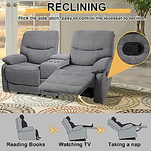 VUYUYU Reclining Sofa, Double Reclining Loveseat with Console, 2 Seater Sofa Home Theater Seating, Fabric Recliner Sofa Couches with Storage and Cup Holders (Gray)