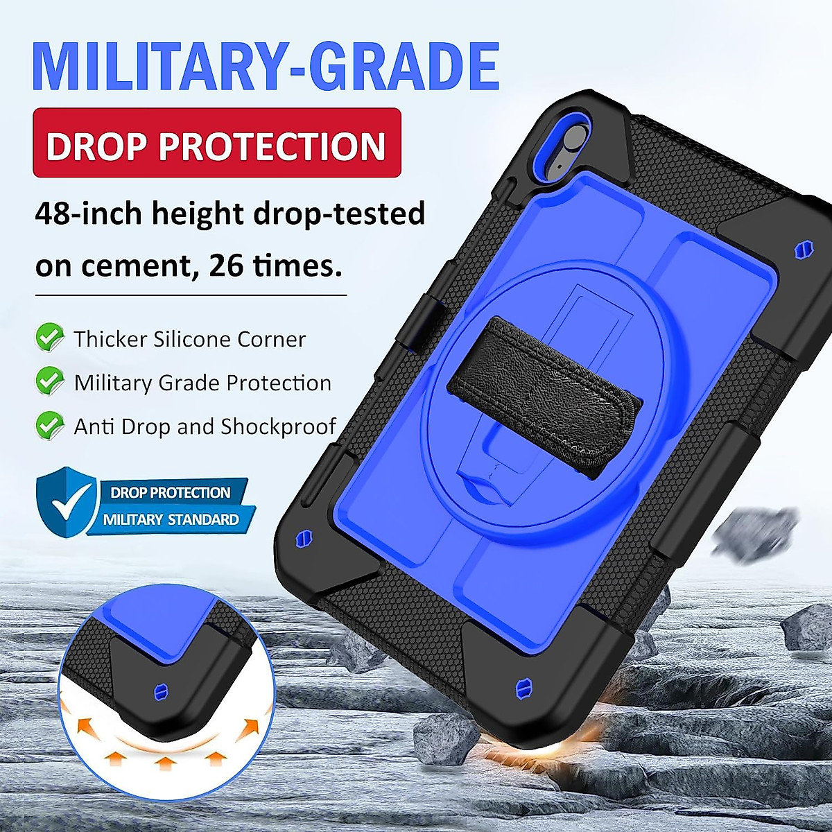 BMOUO Case for iPad (A16) 11th Generation 11" 2025/iPad 10th Generation 10.9 inch 2022, 360 Rotating Stand & Pencil Holder & Hand & Shoulder Strap Shockproof iPad 11th/10th Generation Case, Deep Blue