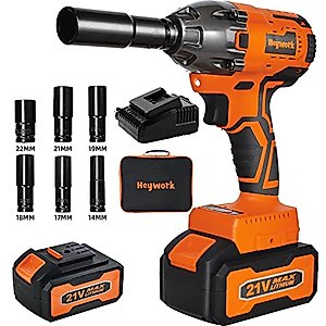 Heywork Power Cordless Impact Wrench,1/2" Impact Gun Max Torque 260Ft-lbs (350N.m) 3700RPM,21V Electric Impact Drill Driver Kit For Car/Home 2*4.0A Li-ion Battery and Fast Charger,6Pcs Sockets