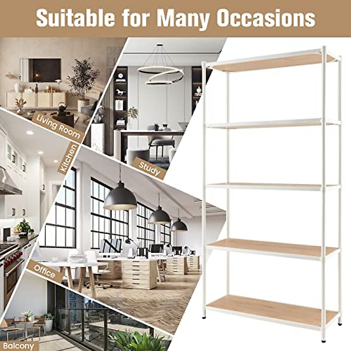 Giantex 5-Tier Industrial Bookshelf White - 61" Tall Open Display Shelving Rack with Anti-toppling Device, Adjustable Feet, Freestanding Storage Shelf for Living Room, Kitchen, Office, Bedroom