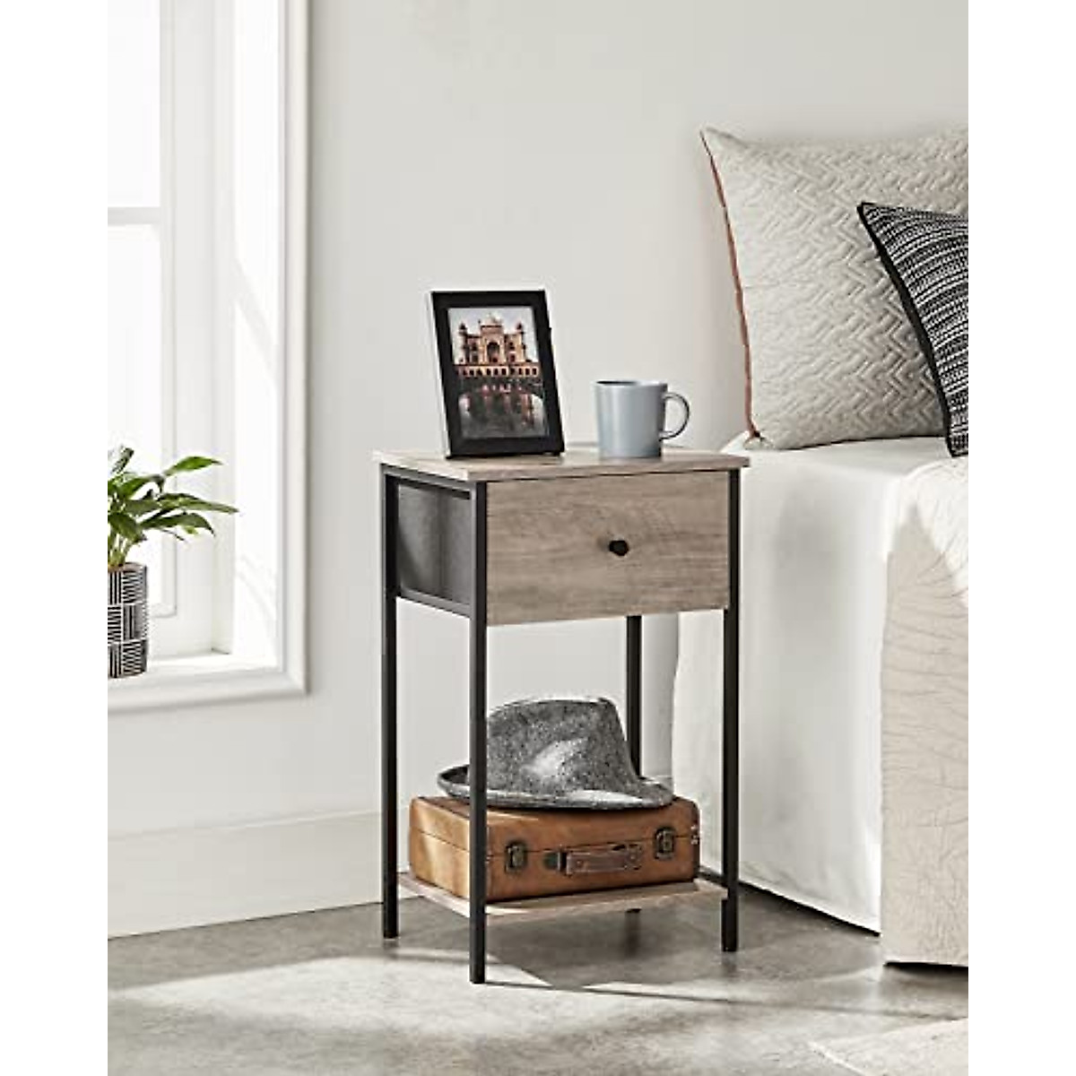 VASAGLE Nightstand, Side Table with Fabric Drawer, 24-Inch Tall End Table with Storage Shelf, Bedroom, Greige and Black ULGS021B02