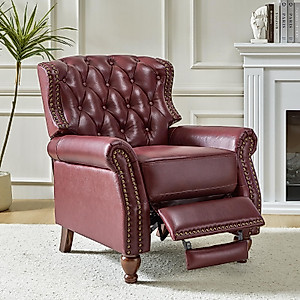 HULALA HOME Genuine Leather Recliner Chair with Solid Wood Feet, Modern Adjustable Tufted Push Back Arm Chair w/Rivet Decoration, Home Theater Seating Single Reclining Sofa for Living Room, BURGUNDY