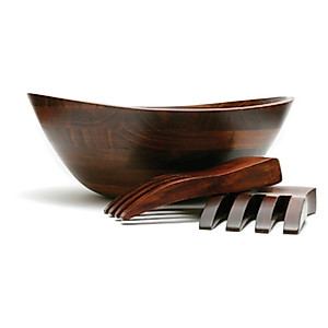 Lipper International Cherry Finished Wavy Rim Serving Bowl with 2 Salad Hands, Large, 13" x 12.5" x 5", 3-Piece Set