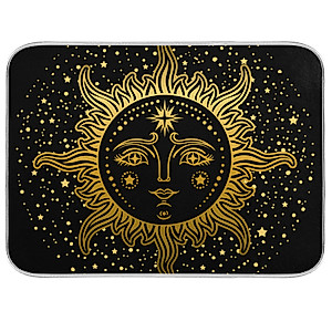 Hand Drawn Gold Golden Face of the Sun Stars on Black Dark Kitchen Dish Drying Mat, Absorbent Microfiber Pad Drainer, Heat-resistant Countertops Sinks Protector with Hanging Loop 18"x24"