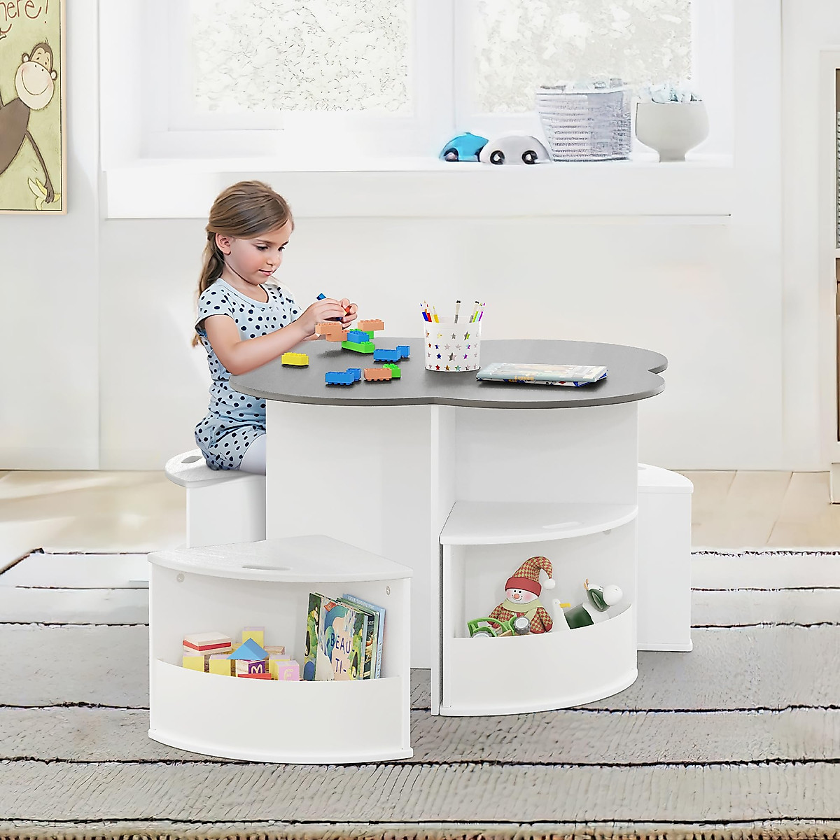 Curipeer Toddler Table and Chair Set with 4 Storage Stools, Flower Shaped Nesting Design Table with Built-in Pen Holder, Kids Table for Activity/Play/Art/Read/Craft, Grey and White