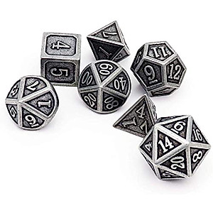 Haxtec Antique Iron Metal DND Dice Set Silver D&D Polyhedral Dice W/PU Leather Dice Bag for Dungeons and Dragons Gift TTRPG