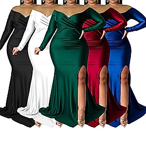 Uni Clau Women Elegant Plus Size Off Shoulder V Neck Long Sleeve Ruched Dress High Split Formal Party Night Maxi Dresses Green XL