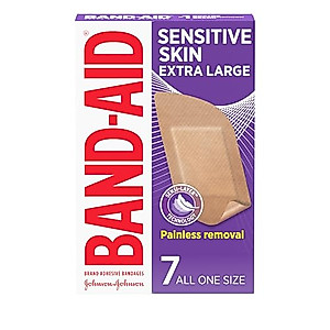 Band-Aid Brand Adhesive Bandages for Sensitive Skin, Hypoallergenic First Aid Bandages with Painless Removal, Stays on When Wet & Suitable for Eczema Prone Skin, Extra Large Size, 7 ct