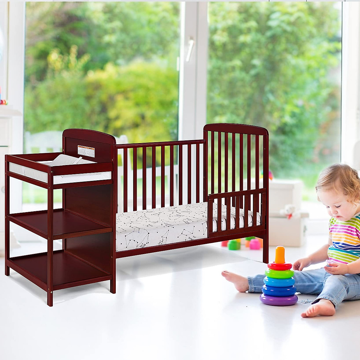 Pvillez Crib, Baby Cribs 4 in 1 Convertible, Natural Wood Baby Crib, Baby Bed, Cribs for Babies, Greenguard Gold Certified
