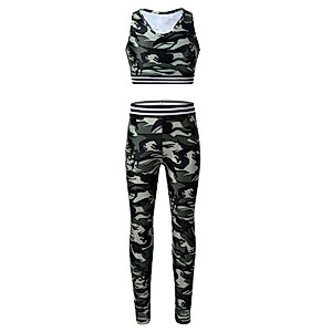 CHICTRY Kids Girls' 2 Piece Athletic Leggings with Tank Crop Tops Outfits sets for Gymnastics Sports Workout Fitness Camouflage Green 10-12 Years