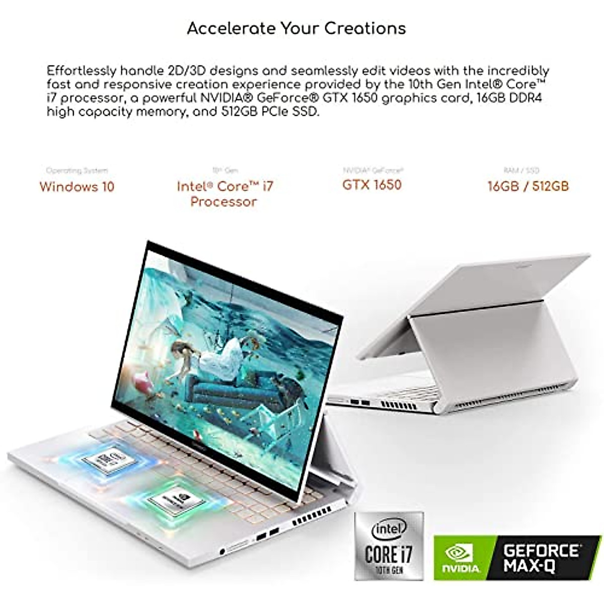 Acer ConceptD 3 Ezel Convertible Creator Laptop (2022 Model), Intel i7-10750H, GeForce GTX 1650 Max-Q, 14" FHD, Gorilla Glass, Pantone Validated, 100% sRGB, 16GB, 1TB NVMe SSD, Wacom AES 1.0 Pen