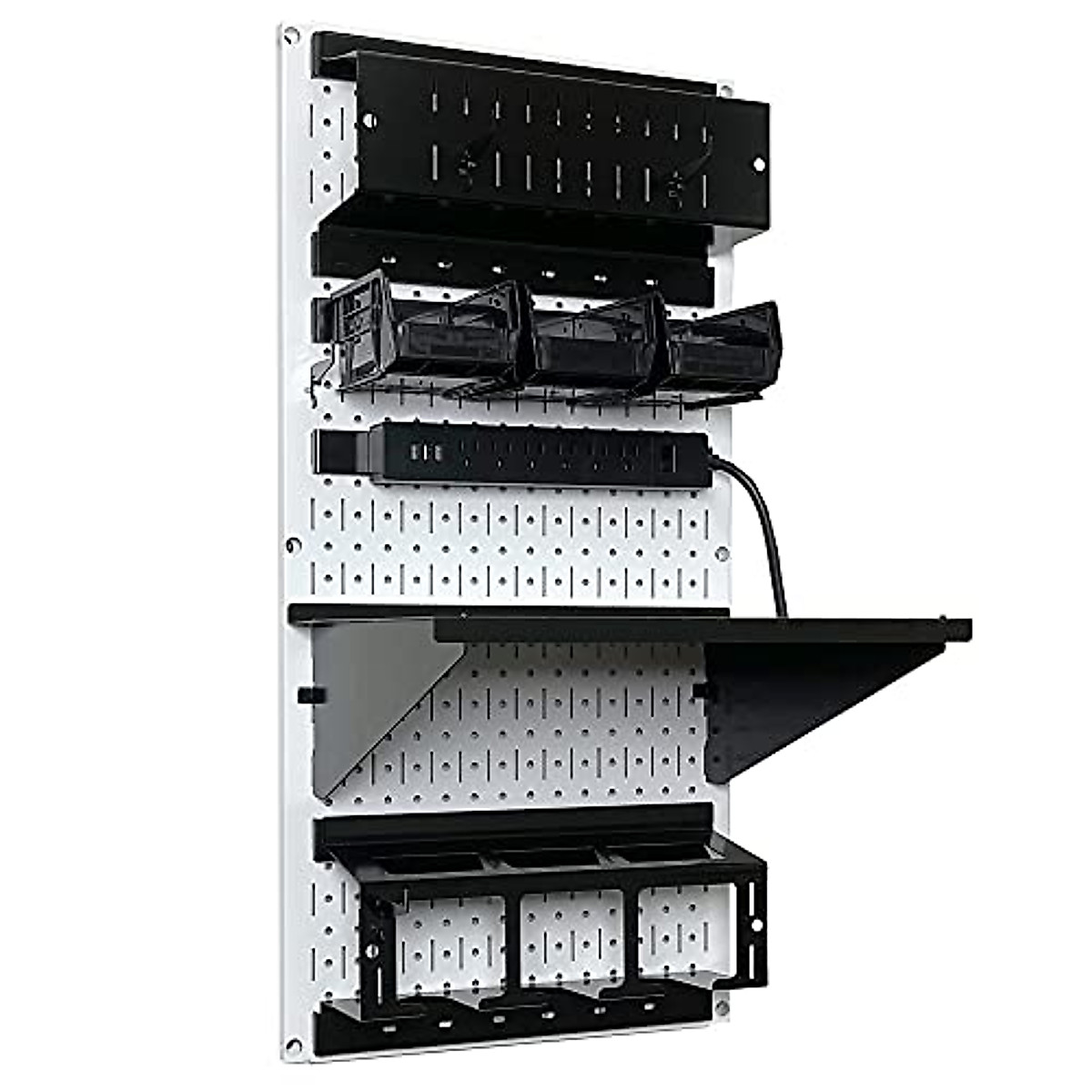 Wall Control Power Tool Storage Organizer Kit Cordless Drill Holder Charging Station Rack 16” x 32” Metal Pegboard Organization System (White Pegboard)