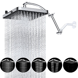 Hibbent Rain Shower Head, 13'' High Pressure Rainfall Square 5 Spray Mode Showerhead with 16" Shower Head Extension Arm, Solid Brass Adjustable Shower Arm Extender, Waterfall fixed Showerheads, Chrome