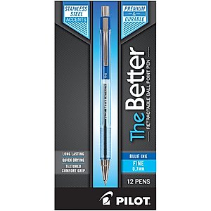 PILOT The Better Ball Point Pen Refillable & Retractable Ballpoint Pens, Fine Point, Blue Ink, 12-Pack (30001)