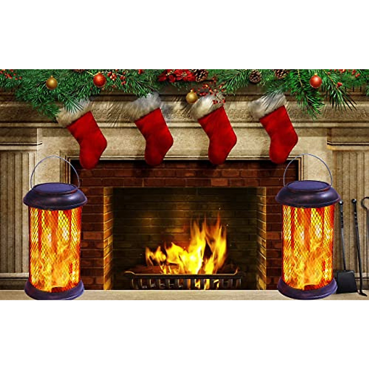 Solar Lanterns Flickering Flame Lights Metal Flame Lantern Outdoor Hanging Lighting Waterproof LED Flame Lights for Patio Garden Yard Winter Gift for Christmas