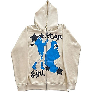 NECHARI Women Y2k Zip Up Hoodie Vintage Graphic Oversized Hooded Sweatshirt Jacket Grunge Fairycore Coats Harajuku Streetwear (as1, alpha, x_l, regular, regular, Apricot)