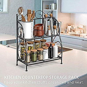 Bathroom Countertop Organizer, F-color 2 Tier Collapsible Kitchen Counter Spice Rack Jars Bottle Shelf Organizer Rack, Black
