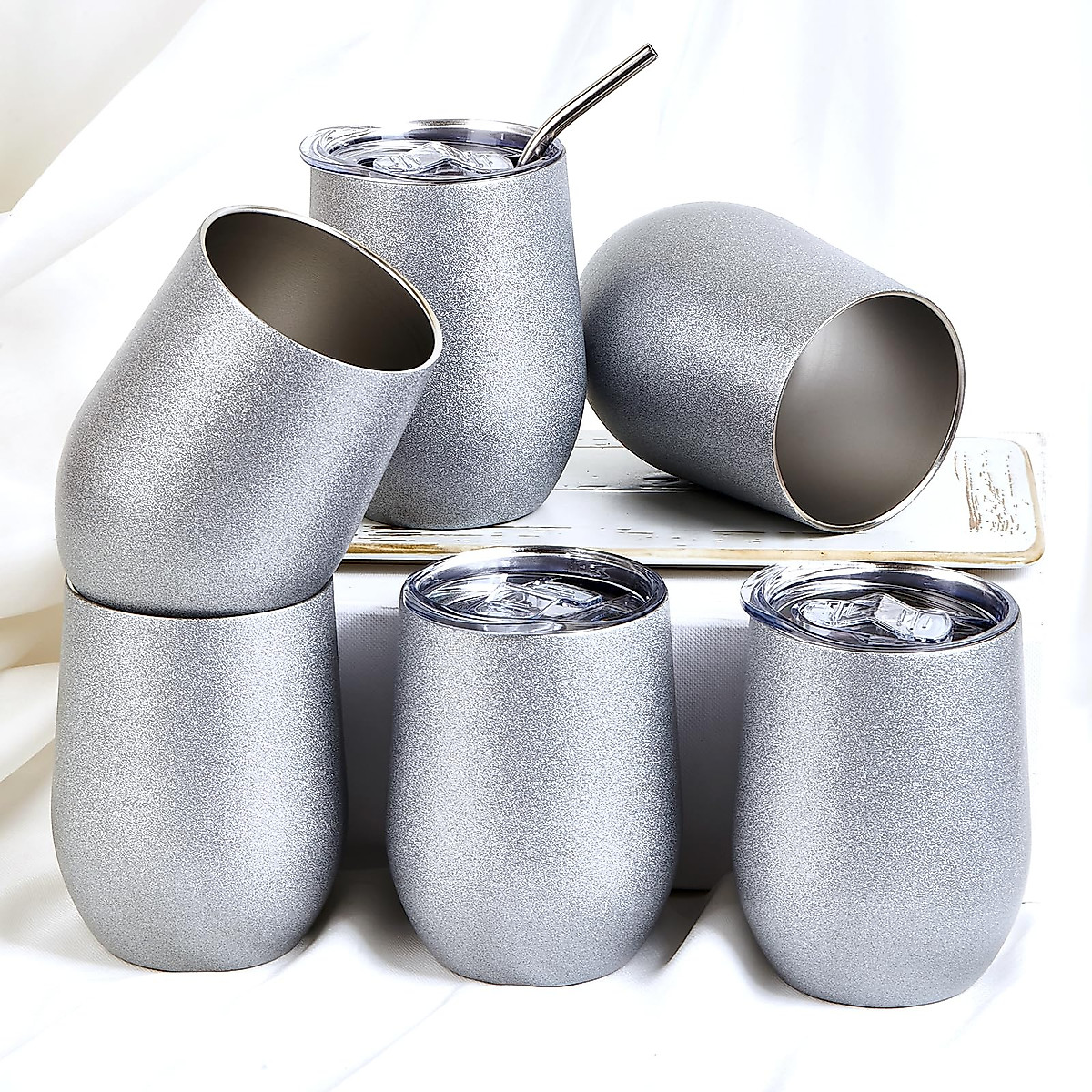 BetterSub 6 Pack Sublimation Glitter Silver Tumblers 12oz Double Wall Insulated Sublimation Blanks Tumblers, Stainless Steel Sublimation Cups with Lid, Metal Straw, Brush, Display Box