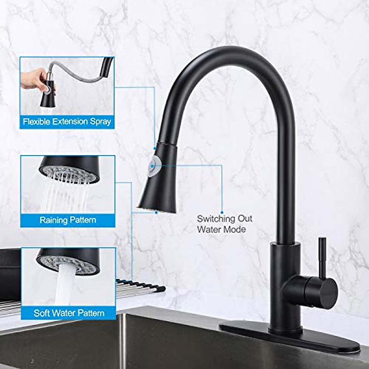 GUSITE Kitchen Sink Faucet, 304 Stainless Steel Single Handle Pull Out Kitchen Faucet with Pull Down Sprayer, Deck Plate, 1 or 3 Hole for Camper Farmhouse RV Kitchen Sink