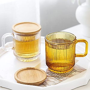 Lysenn Amber Glass Coffee Mug with Lid - Premium Classical Vertical Stripes Glass Tea Cup - for |Latte|Tea|Chocolate|Juice|Water| - Unleaded - Bamboo Lid - 12.5 Ounces