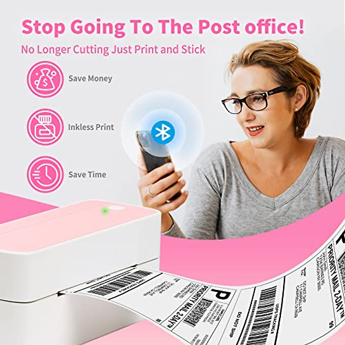 Bluetooth Thermal Label Printer 4X6 - Wireless Shipping Label Printer for Small Business & Packages - Pink Thermal Label Printer Shipping Label Makers, Compatible with iPhone, USPS, Etsy, Amazon