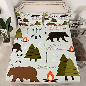 Happy Camping Fitted Sheet Twin Size Hunt Bear Pine Trees Bedding Set for Kids Boys Men Adults Cabin Room Decor Campfire Arrow Cartoon Bed Sheet Wild Outdoor Adventure Deep Pocket Sheet 2pcs