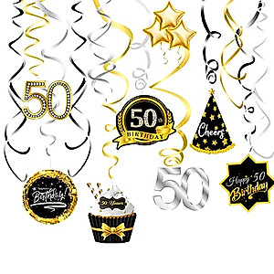 50th Birthday Decoration Ceiling Hanging Swirls(16 Pcs), Happy 50th Birthday Party Silver Black Gold Foil Swirl Streamers, Birthday Party Supplies