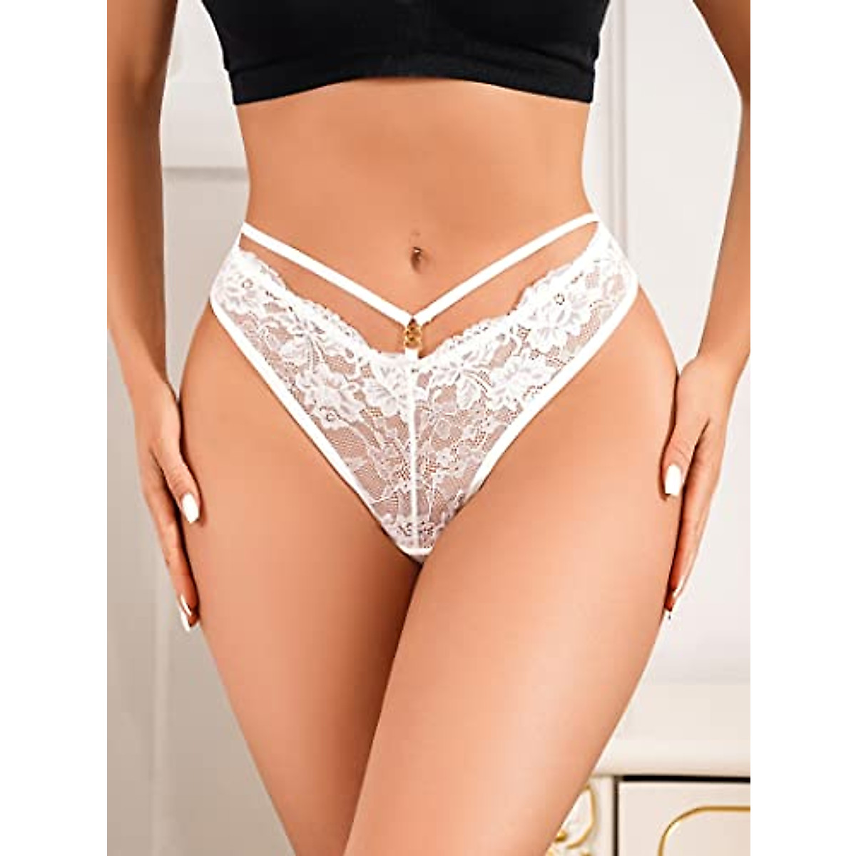 Banamic Womens Panties Thong Lace G-String T-Back Panties Strappy Panties Sexy White