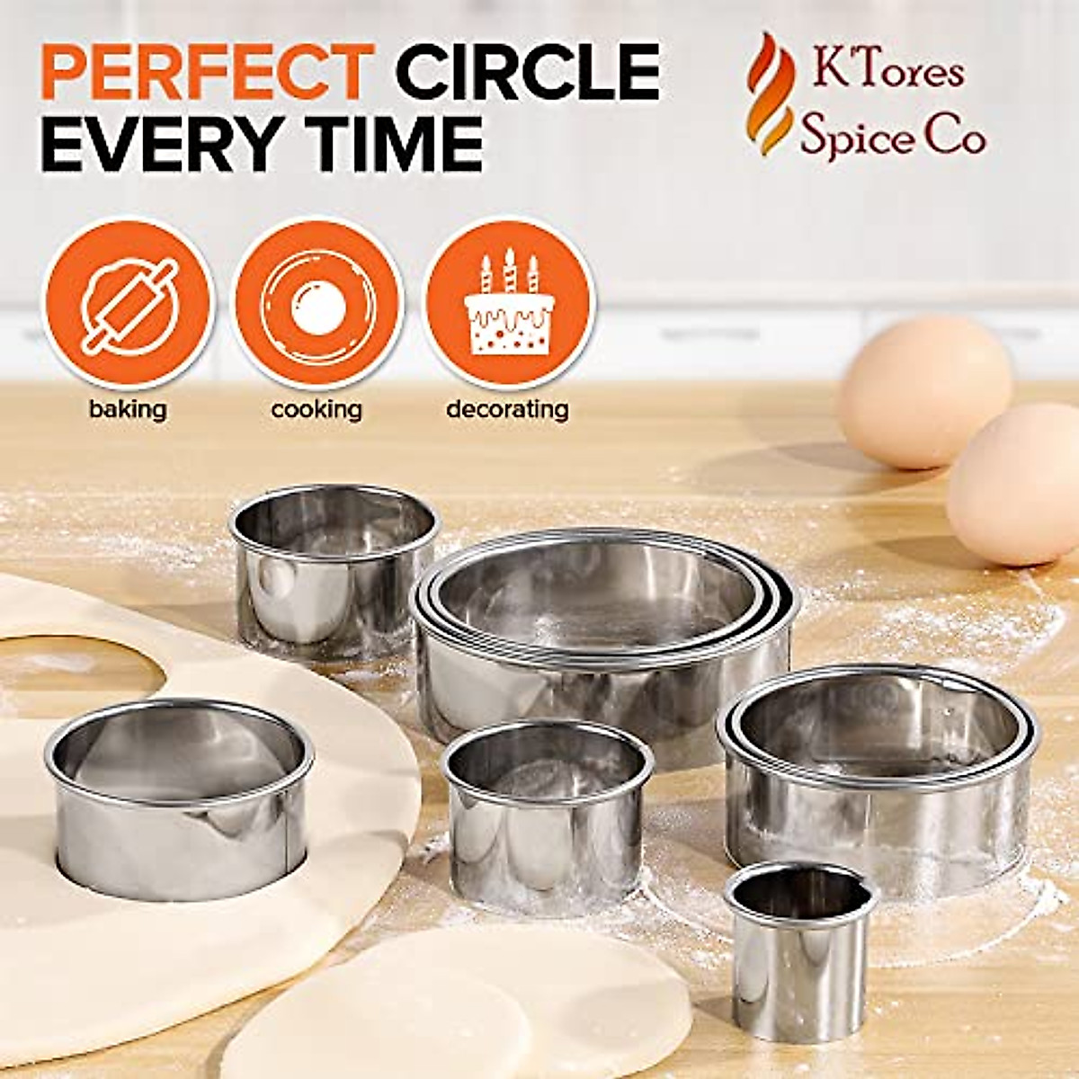 K-Tores Stainless Steel, Round - Cookie Cutters Baking Pastry Cutter Set - Strong Circle Biscuit, Cookie Cutter Set - 11 Cookie Cutter Sizes & Shapes