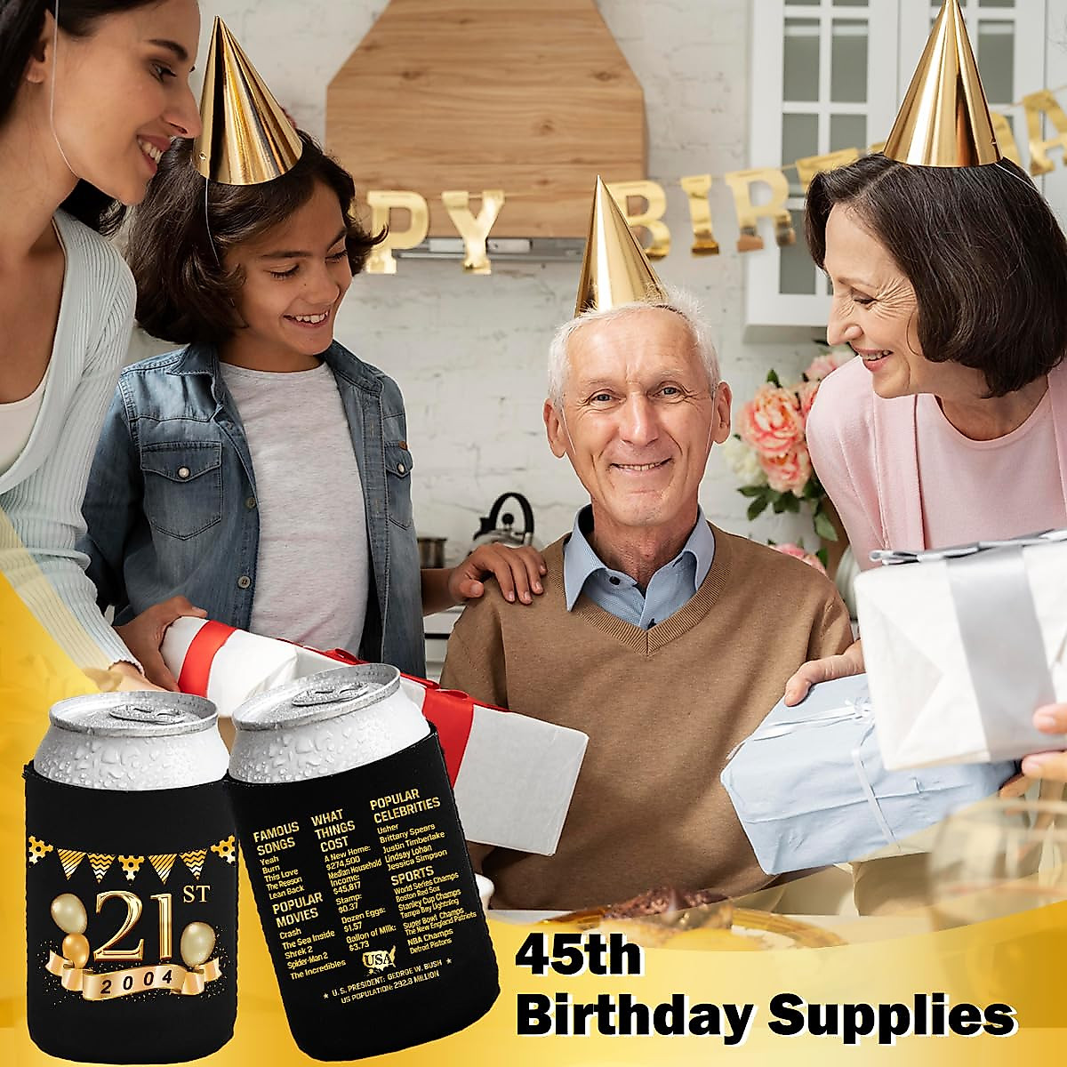 21st Birthday Can Cooler Sleeves Pack of 12- 21st Anniversary Decorations- 2002 Sign - 21st Birthday Party Supplies - Black and Gold the Twenty-First Birthday Cup Coolers