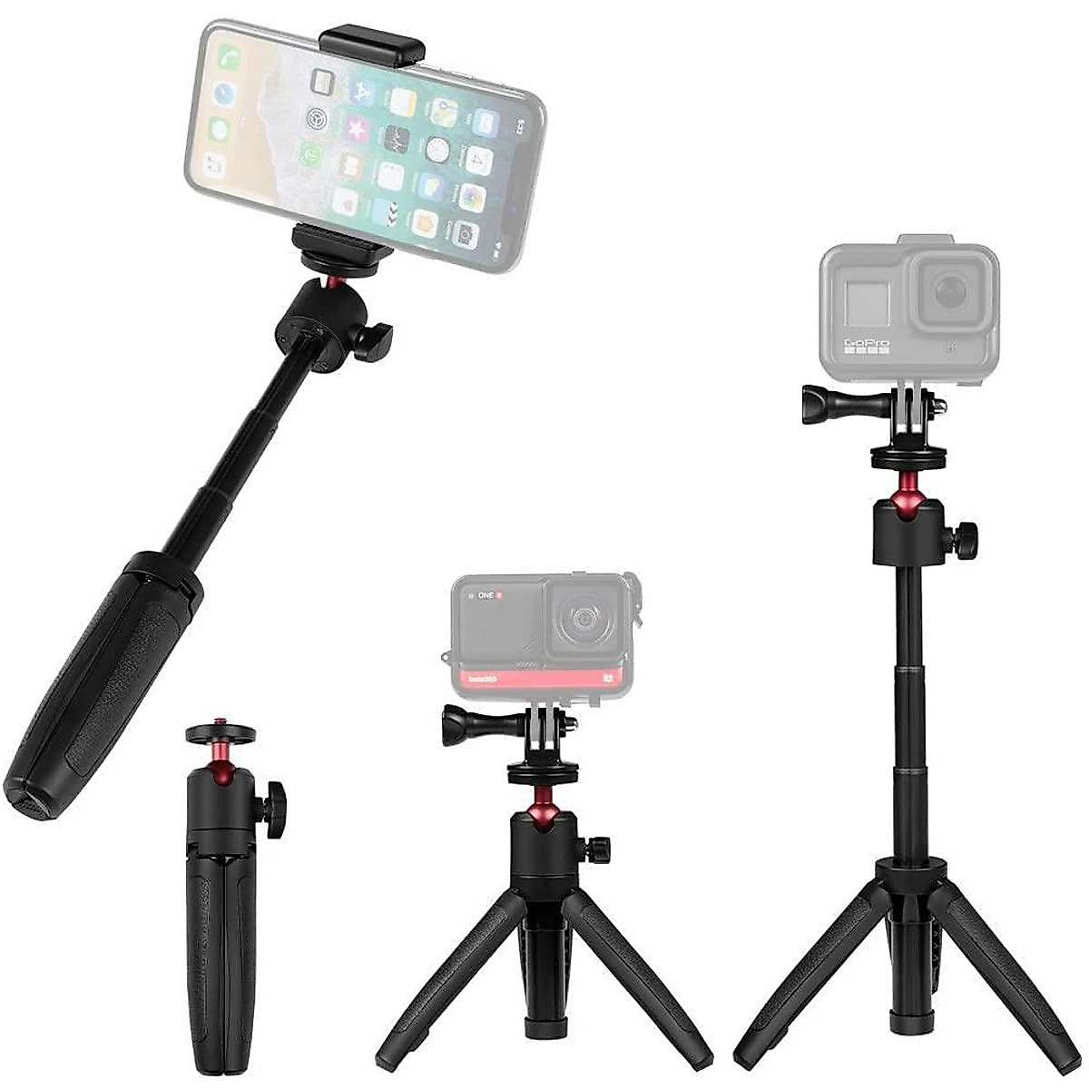 Extendable Mini Selfie Stick Tripod 2 in 1, Compatible with GoPro Max Hero AKASO Action Camera, Portable Handle Vlog Tripod for All Action Cameras and Smart Phone