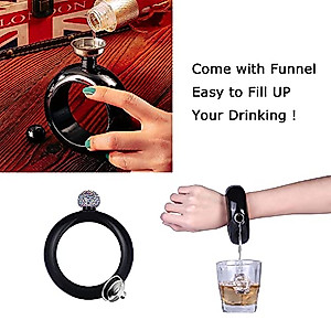 8th Day Fashion Flask Bracelet Bangle for Women 304 Stainless Steel Flask Handmade Crystal Lid Flask Gift Hidden Flask Women Girls Men Party Flask Funnel Set 3.5oz (Black)