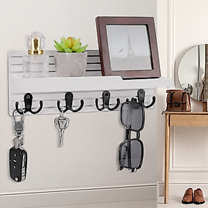 WeBravery Decorative Key Hanging Rack with 4 Double Hooks – Easy Install Natural Wooden Key and Mail Holder for Wall Mount – Entryway Decor Rack with Shelf (White)