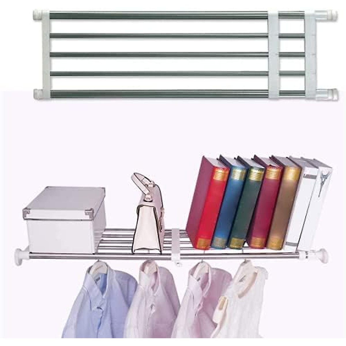 BAOYOUNI Closet Tension Shelf Rod Heavy Duty Wardrobe Organizer Adjustable Storage Shelves Rack DIY Closet Dividers Separators for Kitchen Bathroom Bedroom Garage, 19.69-31.5 Inches