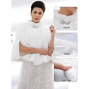 Aukmla Faux Fur Wrap Bridal Wrap Stole Wedding Fur Shrug Faux Fur Cape with Stunning Rhinestones Brooch (White)