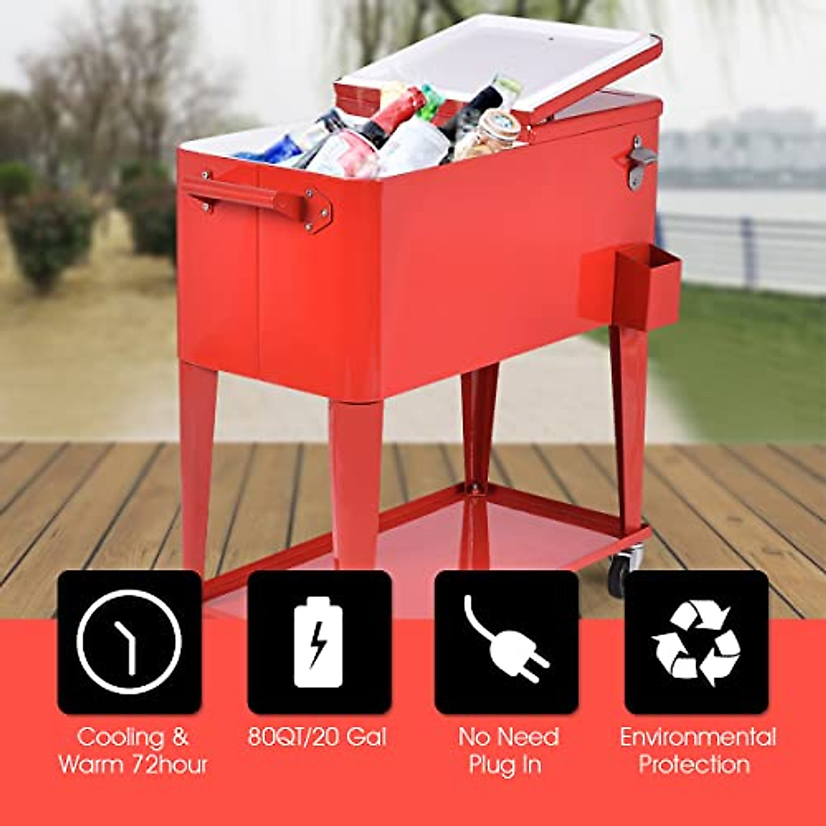 ReunionG 80-Quart Rolling Cooler Cart w/Bottle Opener and Catch Tray for Party Steel Bar Bistro- Red
