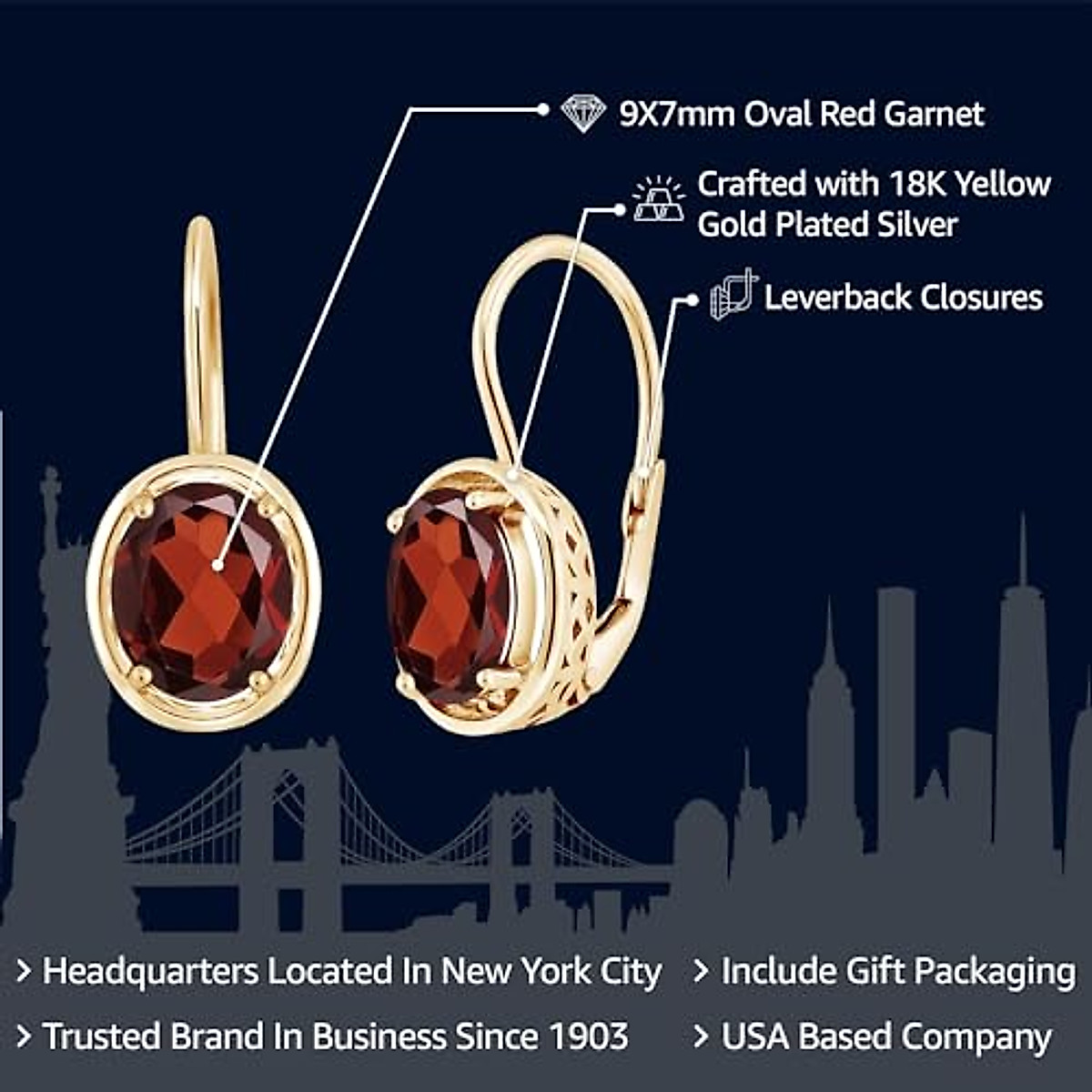 Gem Stone King Red Garnet 18K Yellow Gold Plated Silver Dangle Earrings For Women (3.60 Cttw, Gemstone Birthstone, Oval 9X7MM)