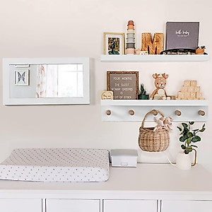 COMAX Nursery Floating Book Shelves with Wall Mirror, Wall Bookshelf for Kids Room Bedroom, Hanging Nursery Book Shelves Wall Mounted Bookshelves, Hanging Baby Book Shelf Nursery Shelves White