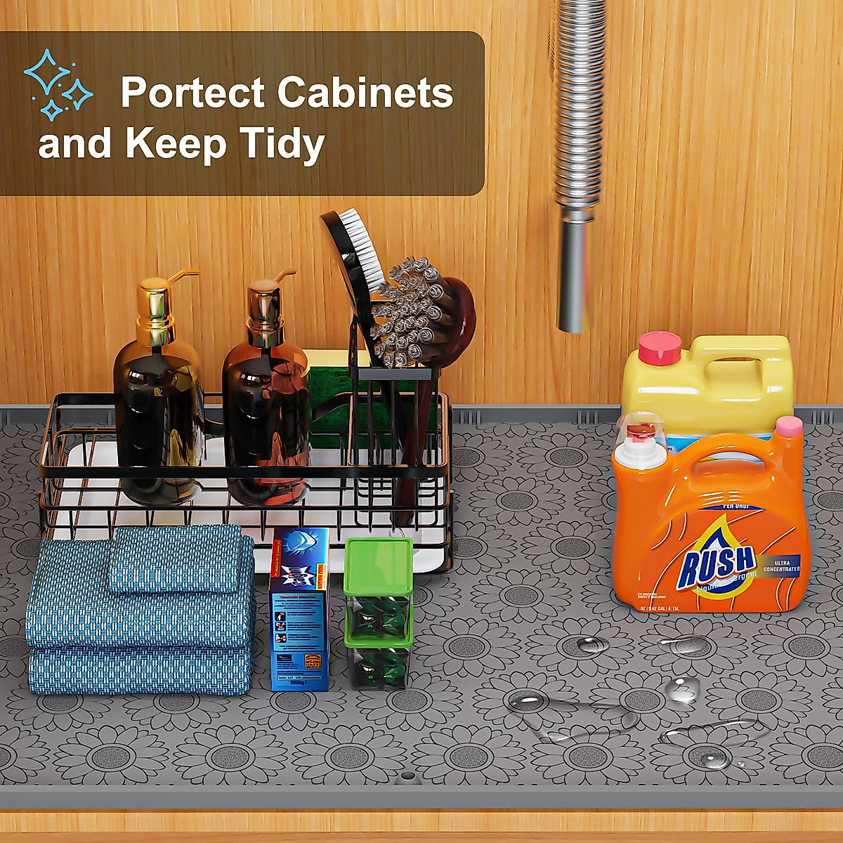 Under Sink Mat Kitchen - 34" x 22" Waterproof Silicone Bathroom Mat Multipurpose Cabinet Protector Organizers Sink Drip Tray Liner Pet Feeding Mat Shoes Mat Dark Gray